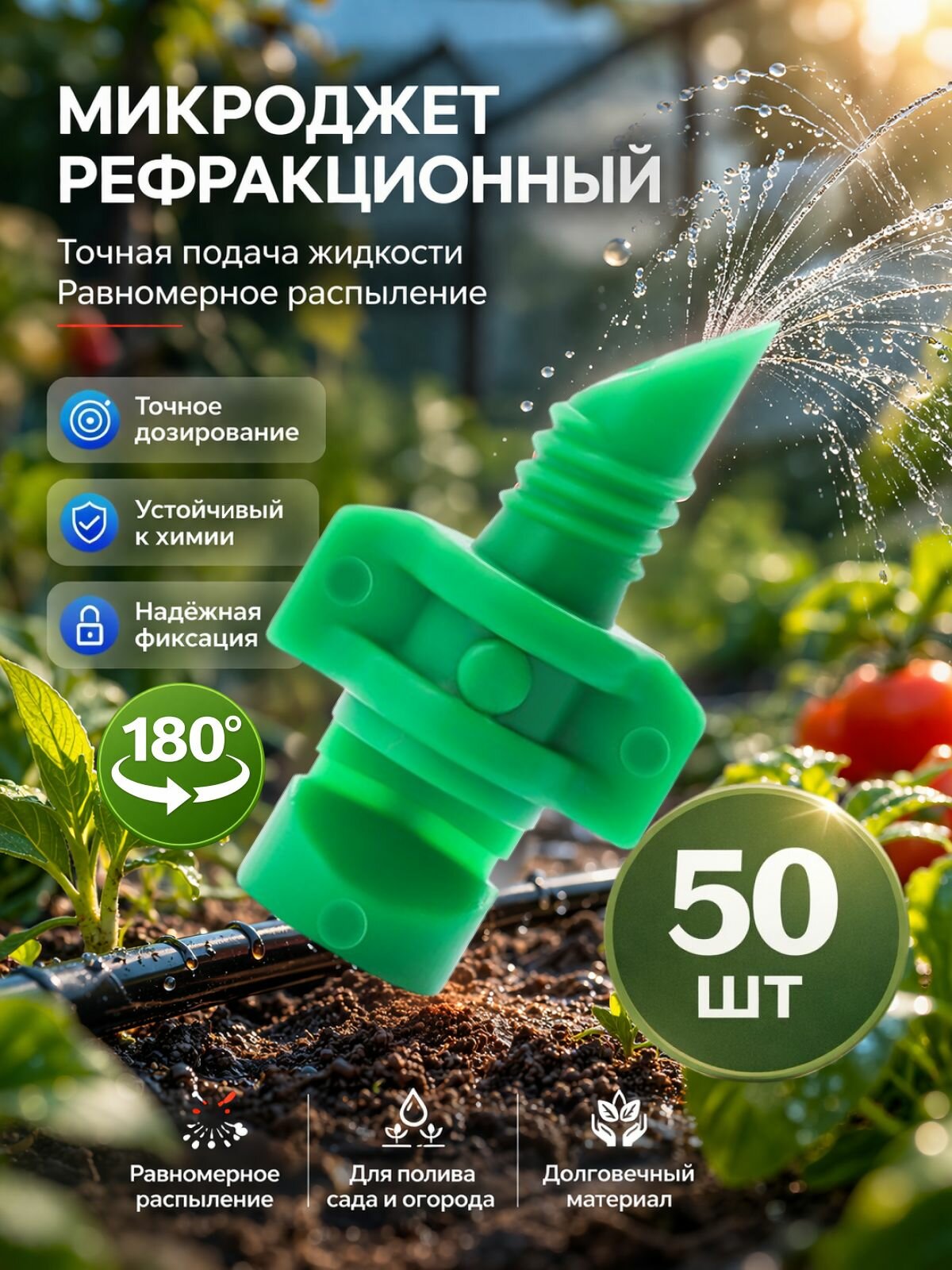Микроджет рефракционный, сектор полива 180 градусов, дождеватель, зеленый, 50 шт.