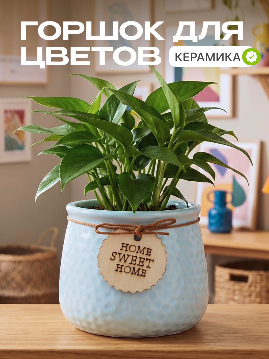 Горшок декоративный для цветов "Home sweet home" голубой, керамика, кашпо для растений, суккулентов и кактусов, для дома
