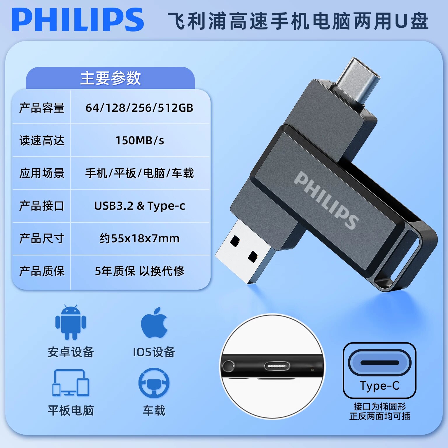 Филипс 64 ГБ двойной-разъемный USB-накопитель, цвет деловой серый, скорость чтения 150 МБ/с для мобильных и компьютеров