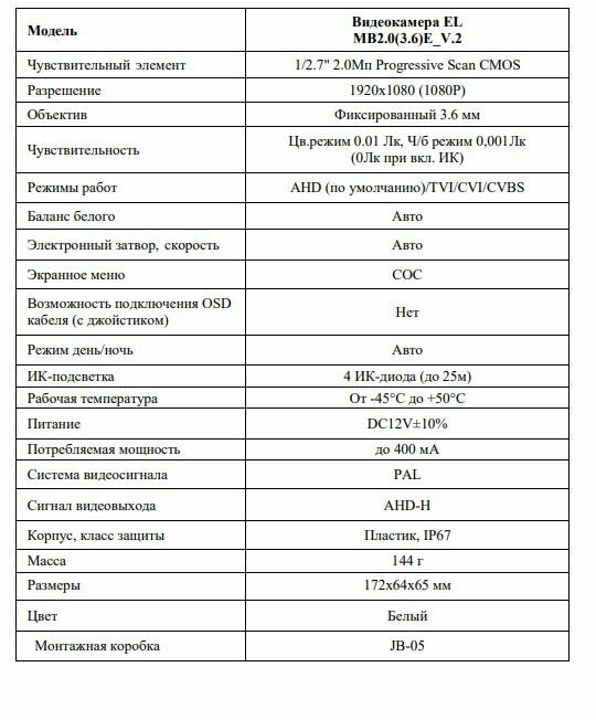 Видеокамера EL MB2.0(3.6)E_V.2 — фото 1