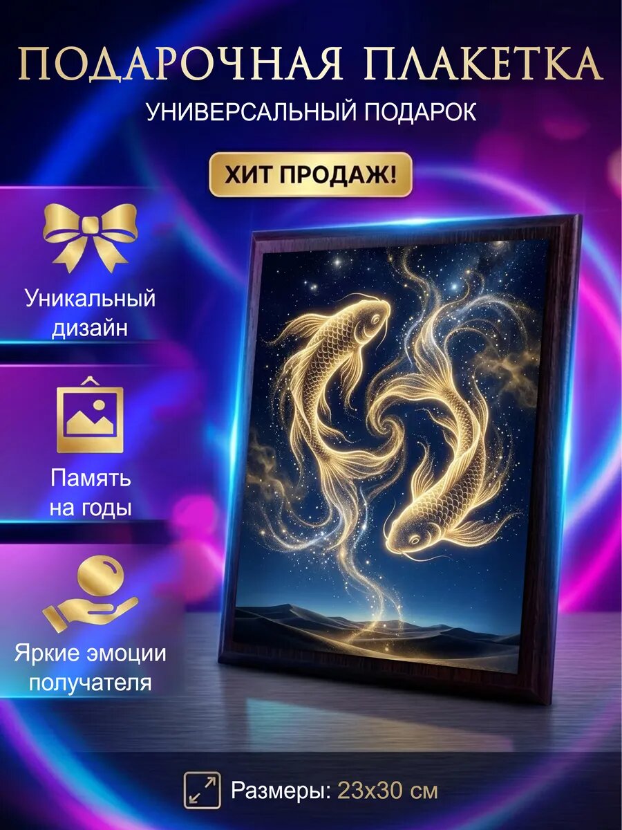 Подарочная плакетка Постер на дереве Знаки зодиака Рыбы