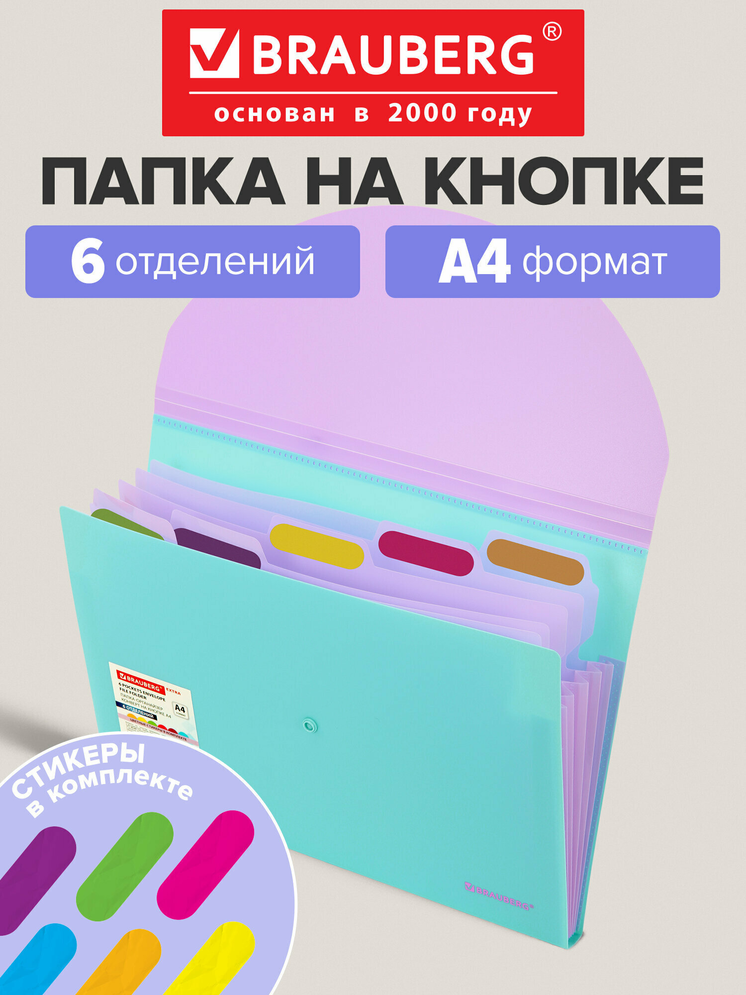 Папка для документов А4 канцелярская на кнопке, органайзер конверт для бумаг 6 отделений, Brauberg Extra, 274104