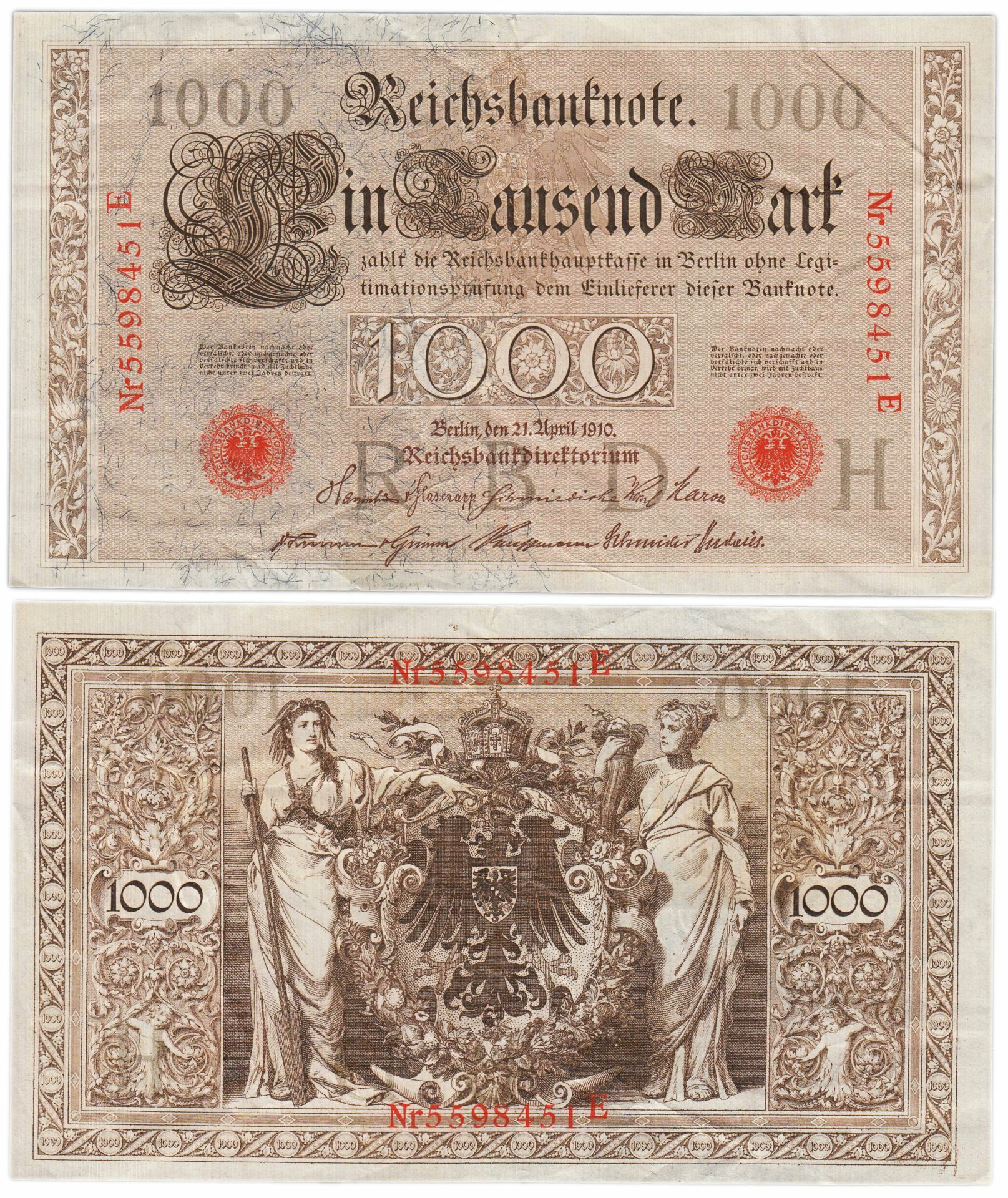 Германия 1000 марок 1910 красная печать