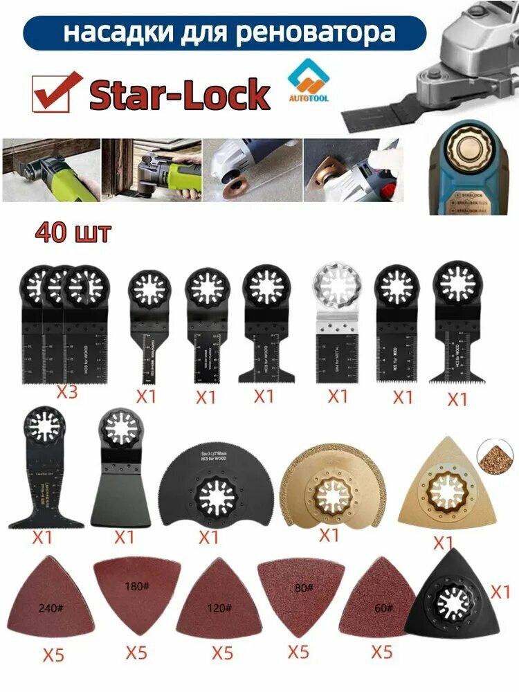 Набор насадок для реноватора, Starlock совместим с Bosch/Fein/Makita, 40 шт