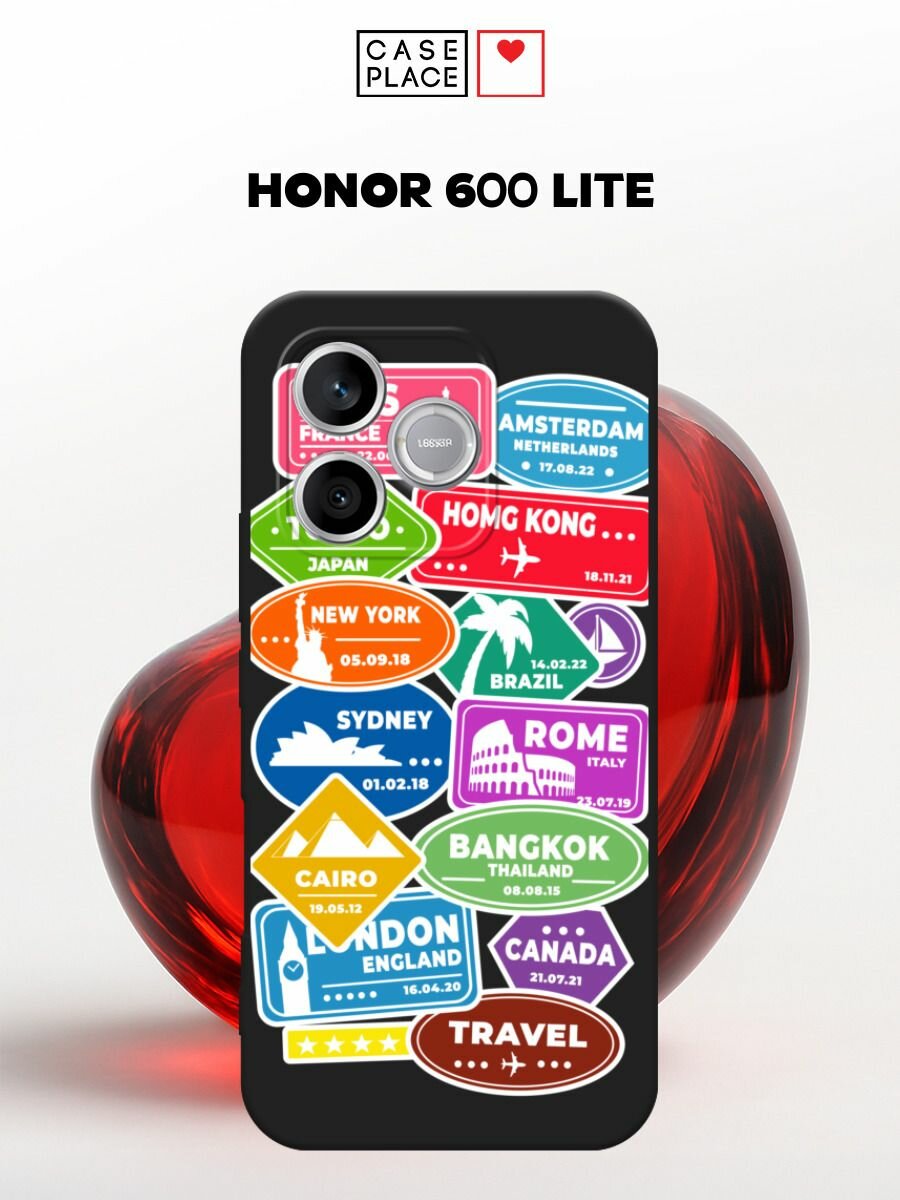 Черный матовый чехол на Honor 600 Lite / Хонор 600 Лайт с принтом Наклейки путешественника