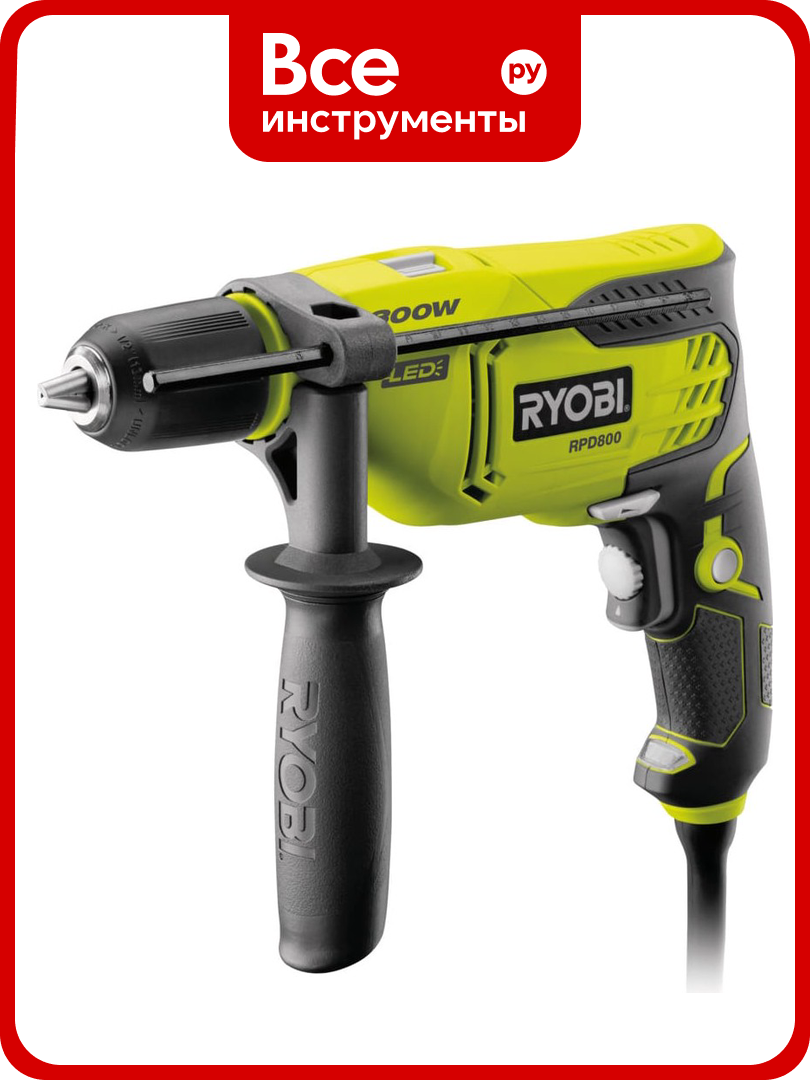 Ударная дрель Ryobi RPD800-K 800 Вт с подсветкой, реверсом, патрон 1/2, для профессионального сверления