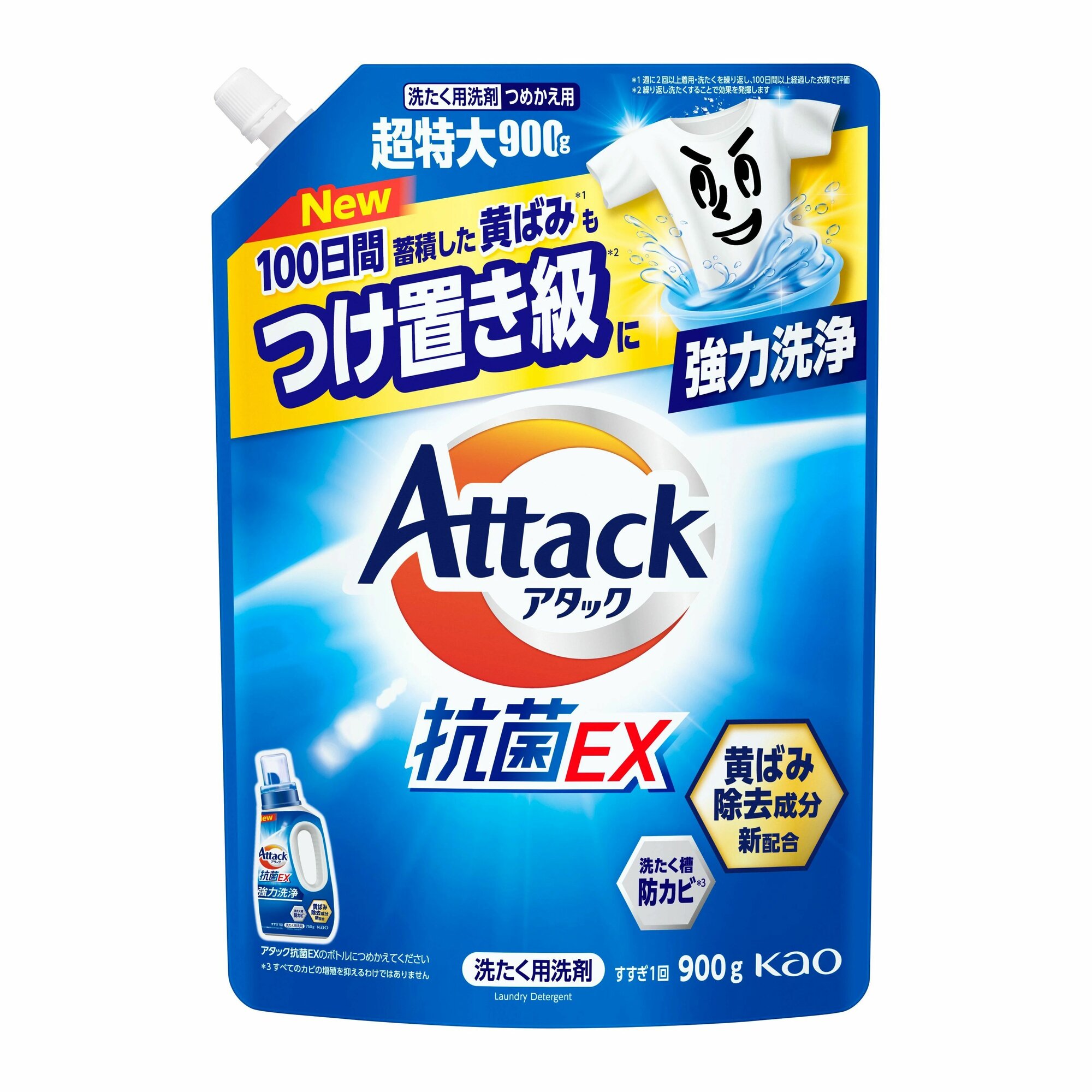 КАО Жидкое средство для стирки "Attack Antibacterial EX" (концентрат тройного действия) 900 г, сменная упаковка с крышкой