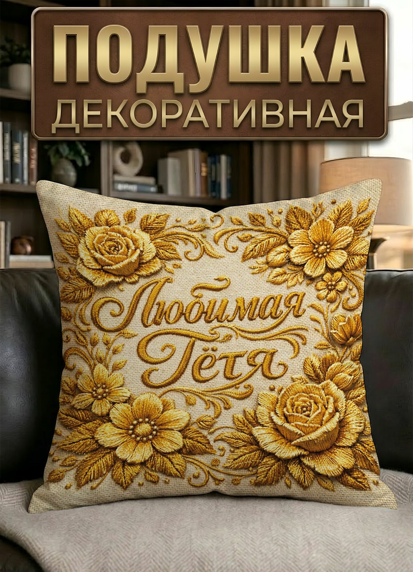 Подушка декоративная Любимая тётя вышитое золотом