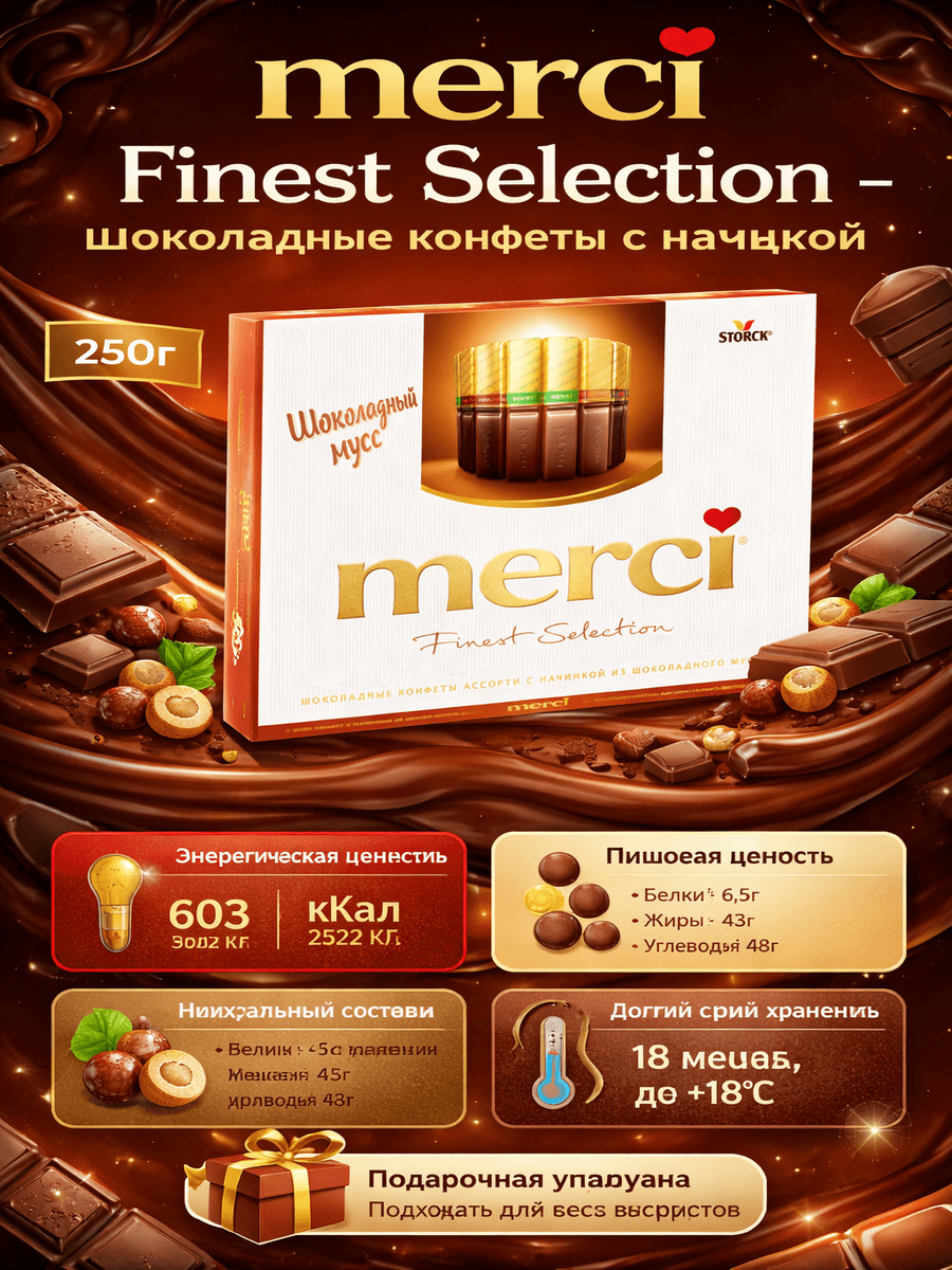 Набор шоколадных конфет Merci Finest Selection Ассорти с начинкой из шоколадного мусса, 210г