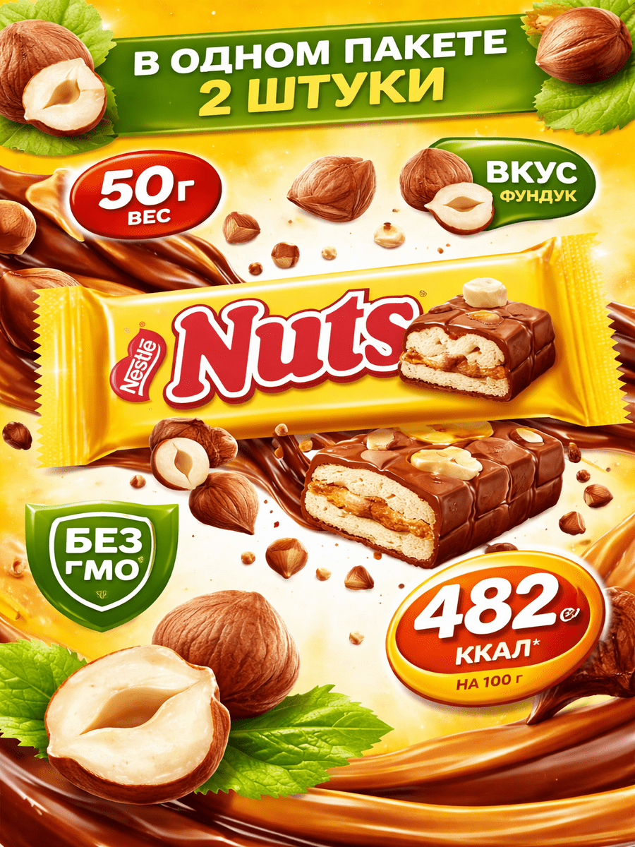 Шоколадный батончик Nestle Nuts с фундуком, 50г x 2 упаковки