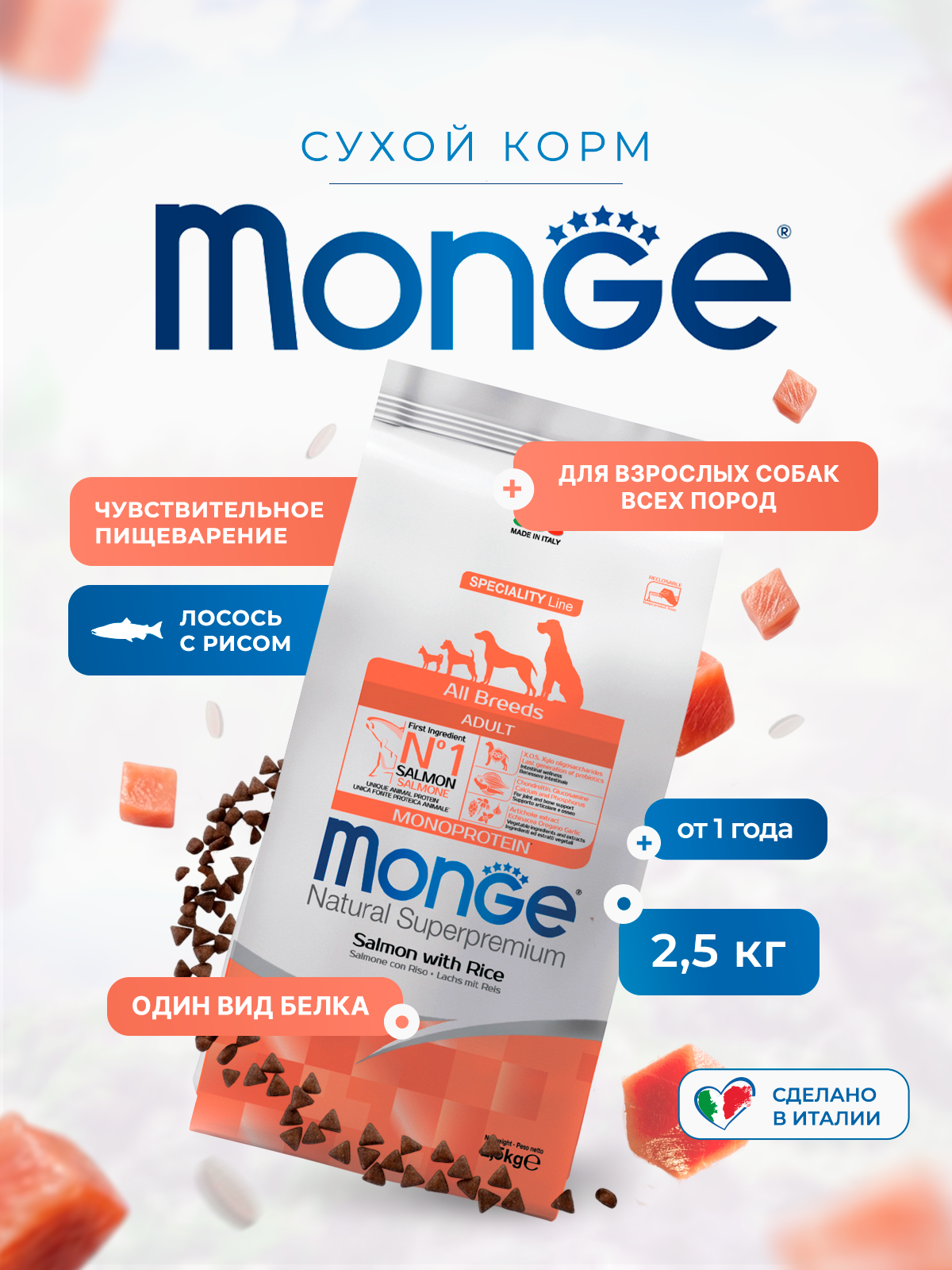 Сухой корм Monge Dog Speciality Line Monoprotein для взрослых собак всех пород, из лосося с рисом 2,5 кг