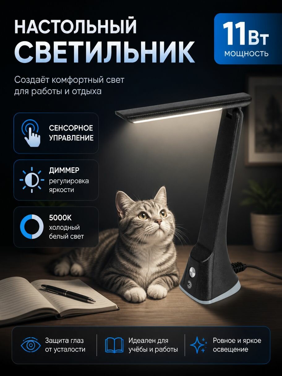 Светильник настольный для школьника поворотный на подставке 11Вт светодиодный ЭРА черный
