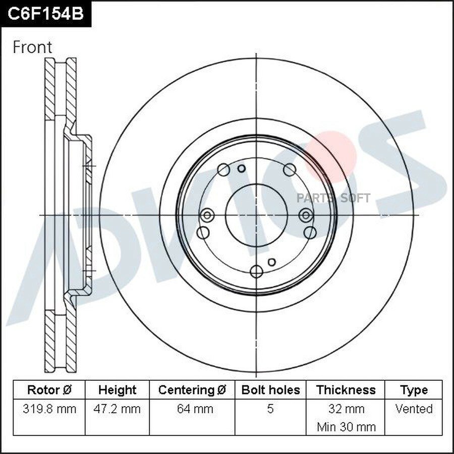 Диск тормозной пер. ADVICS от официального дистрибьютора, ADVICS, артикул C6F154B