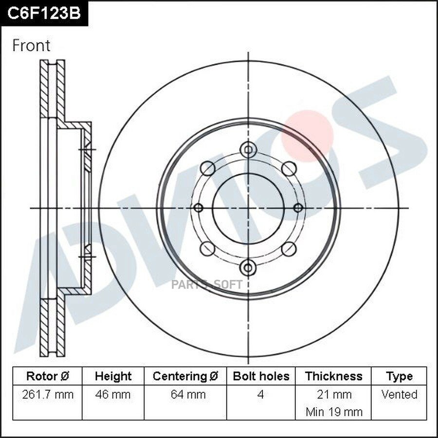 Диск тормозной пер. ADVICS от официального дистрибьютора, ADVICS, артикул C6F123B