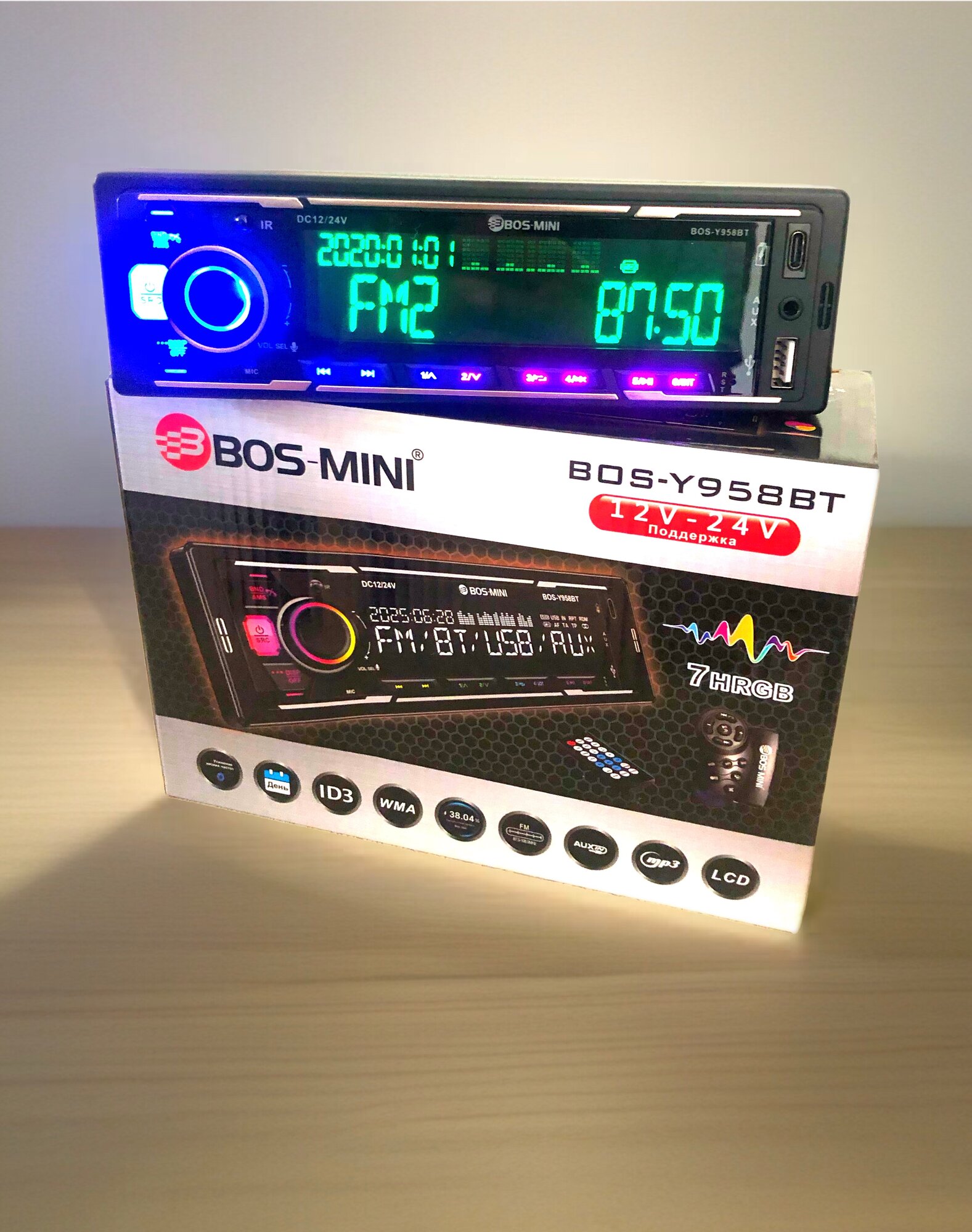 Магнитола BOS Y958BT BOS-Mini, 1DIN, Bluetooth, 7 цветов, AUX, USB, пульт