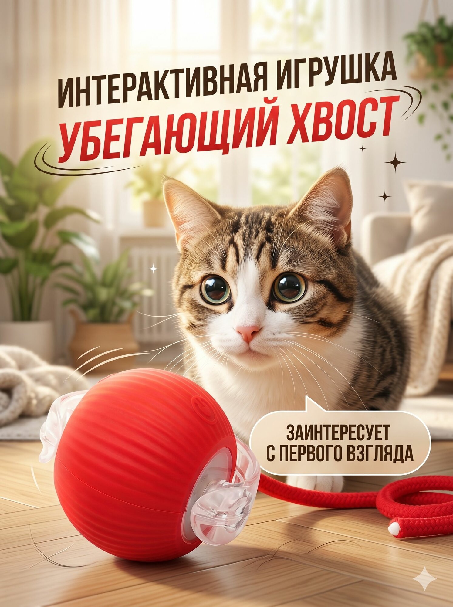 Интерактивная игрушка для кошек и собак, мячик с хвостиком