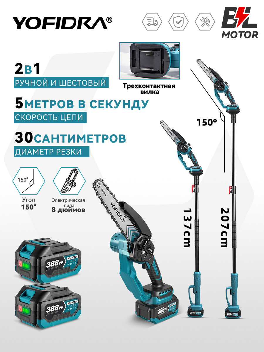 8' Пила Аккумуляторная Цепная, с телескопической штангой (удлинитель) длиной 1.7 м, 2 акб