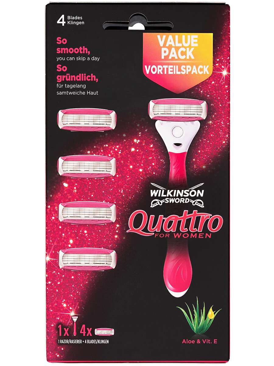 Wilkinson Sword Бритва Schick QUATTRO for Women (1 станок, 5 кассет), женская, 4 лезвия, плав. головка, увл. полоска, прорезиненная ручка