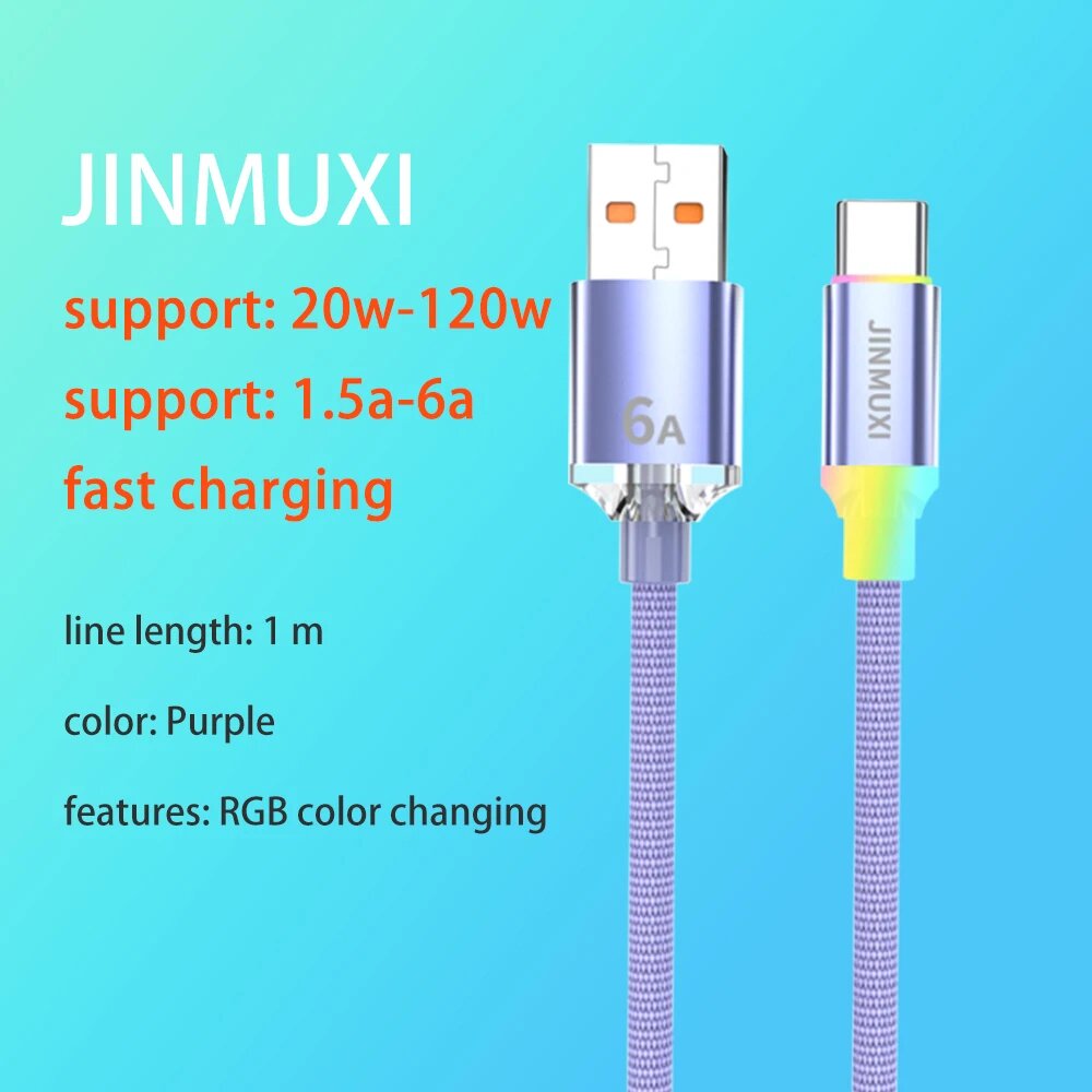 JINMUXI Кабель USB Type-C 1 м, RGB purple, 20W-120W
