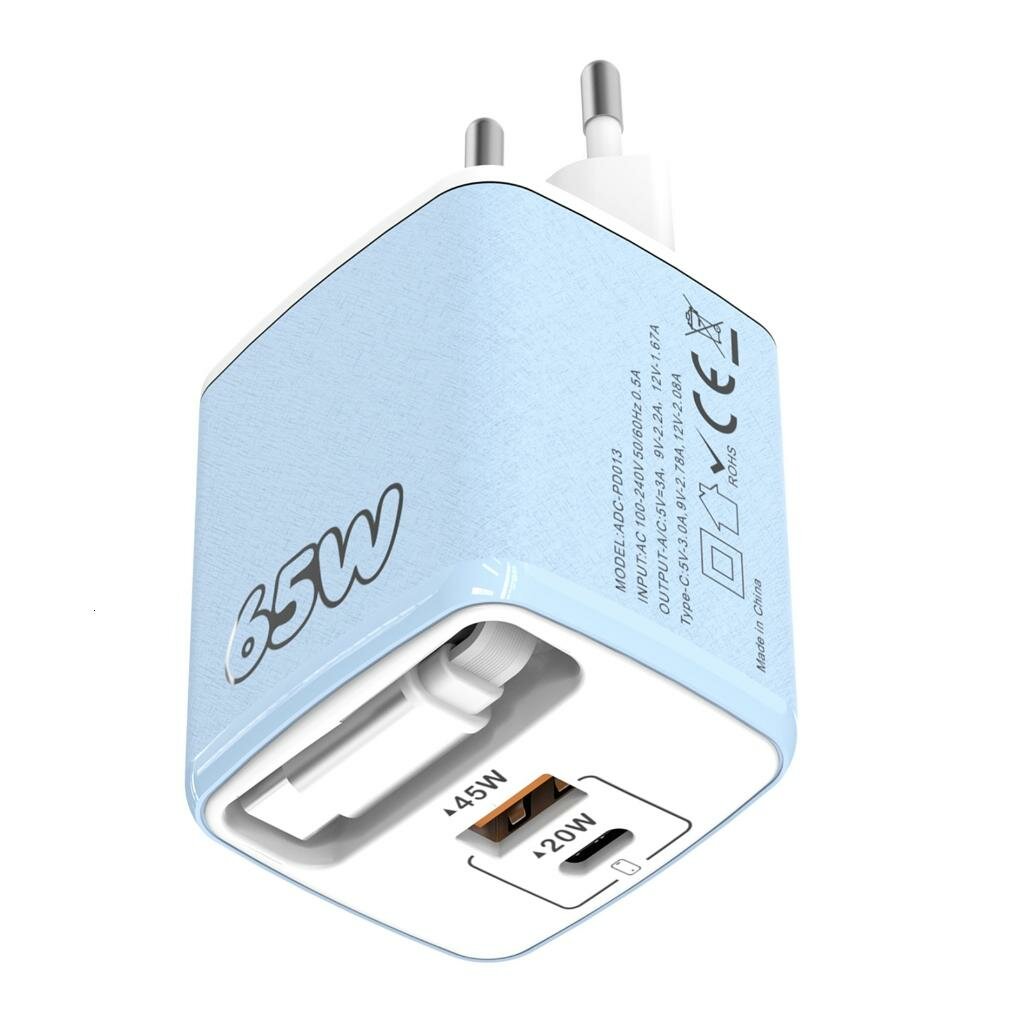Двухпортовое зарядное устройство USB-C и USB-A, 65 Вт, Синий