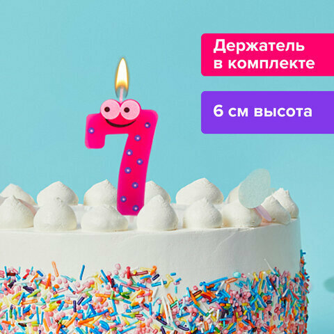 Свеча-цифра для торта "7" "С глазками", 6 см, золотая сказка, с держателем, в блистере, 591410