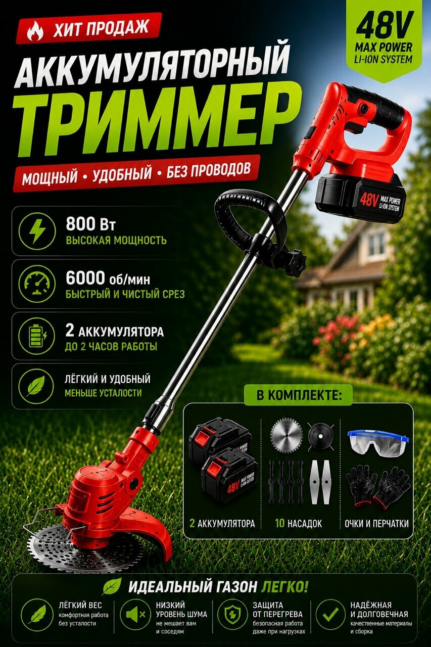 Триммер аккумуляторный садовый индикатором уровня заряда 6000об/мин красный