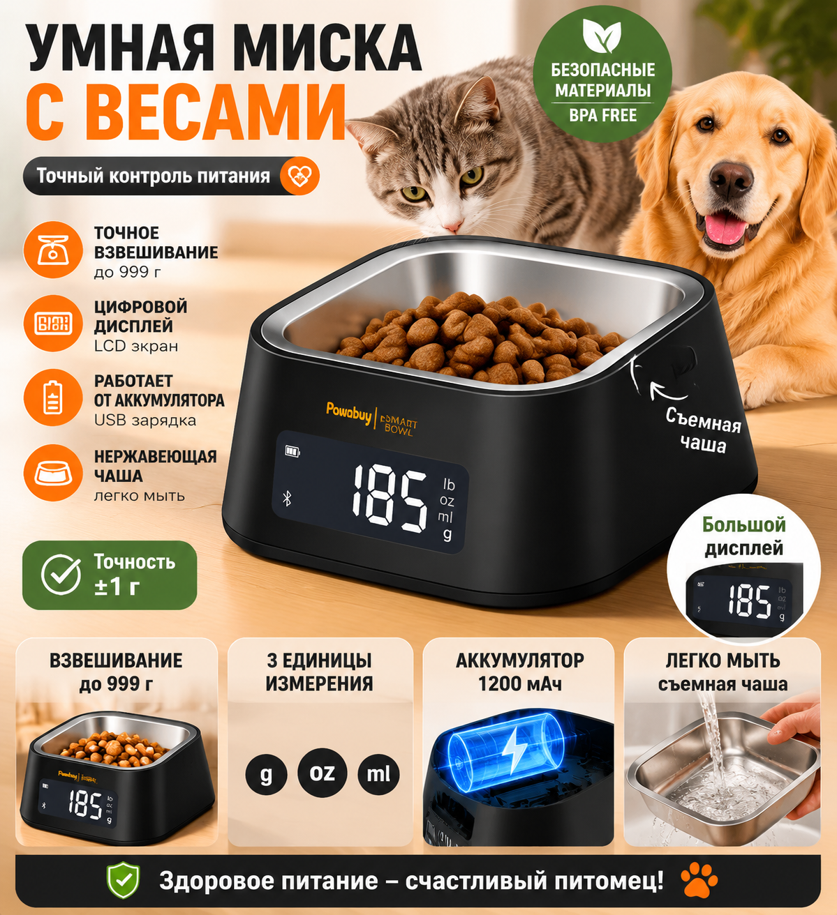 Умная миска-весы для собак и кошек с Bluetooth, контроль порций и точное взвешивание