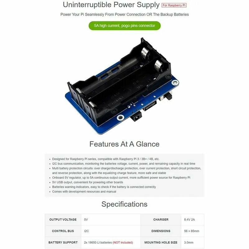 Комплект модуля ИБП Waveshare 5 В для Raspberry Pi с европейской вилкой.