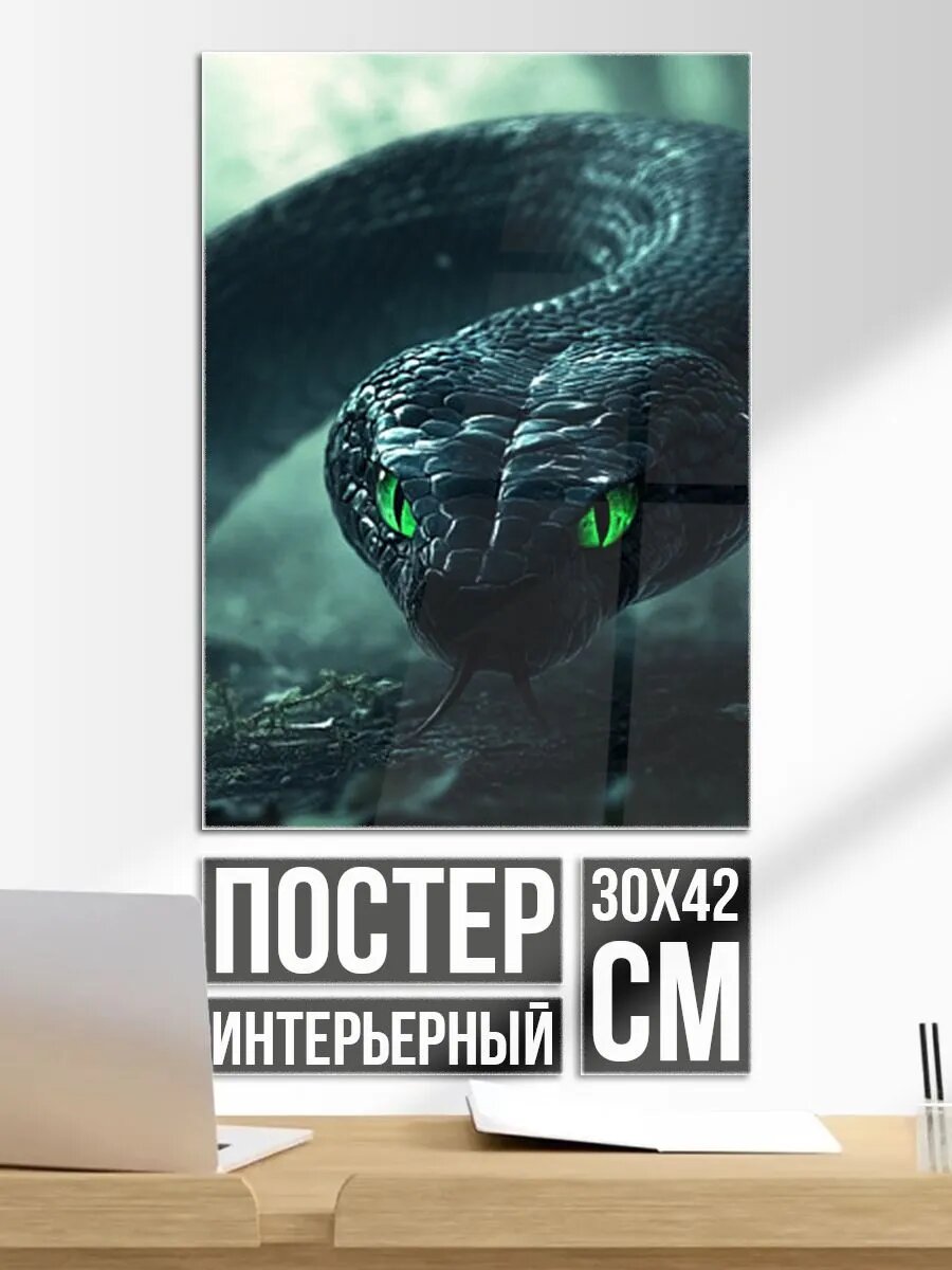 Постер на стену Черная змея с яркими зелеными глазами