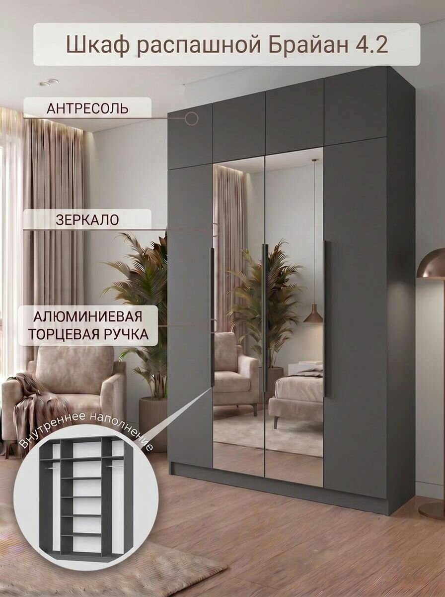 Распашной шкаф с зеркалом Брайан 4 180-52-220 графит платье-белье-платье