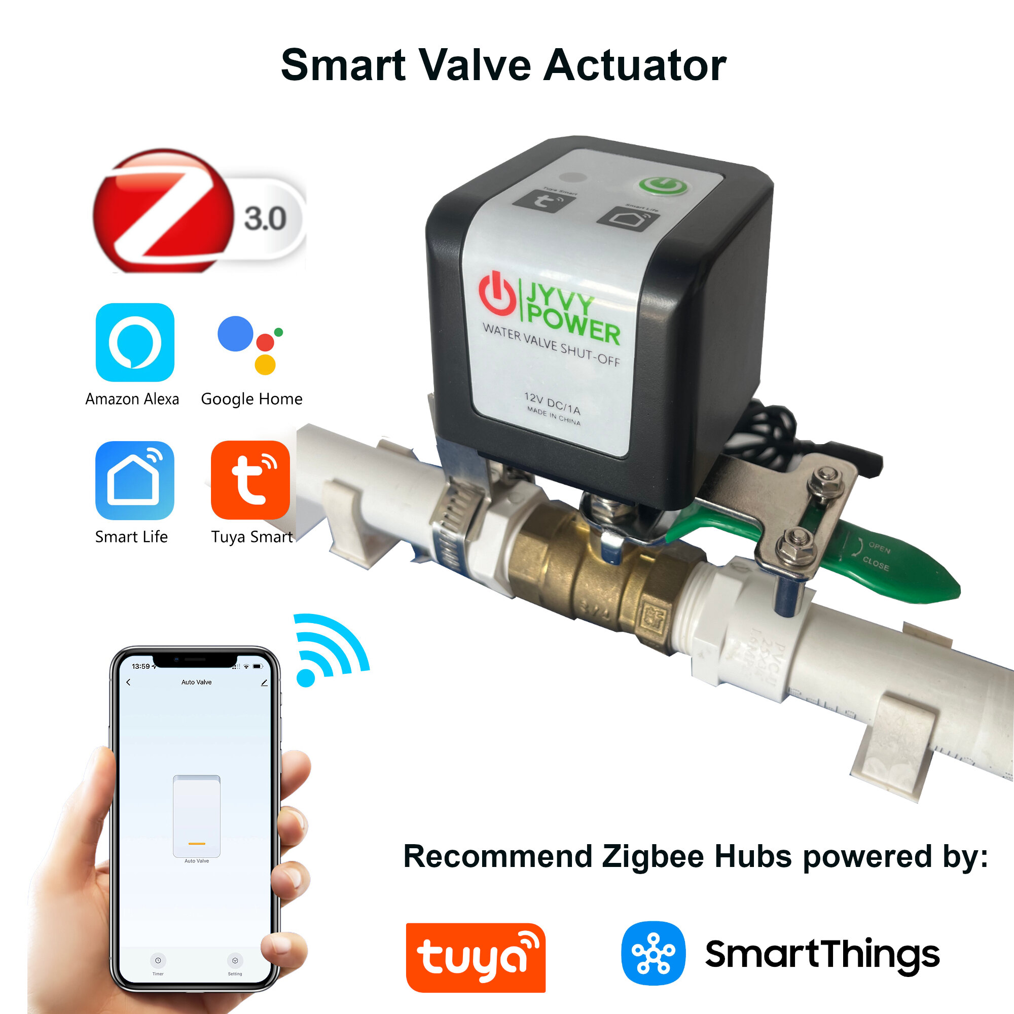 Zigbee (Требуется TUYA/SmartThings HUB). Умный шаровой кран с металлическими шестернями, совместим с Alexa и Google.