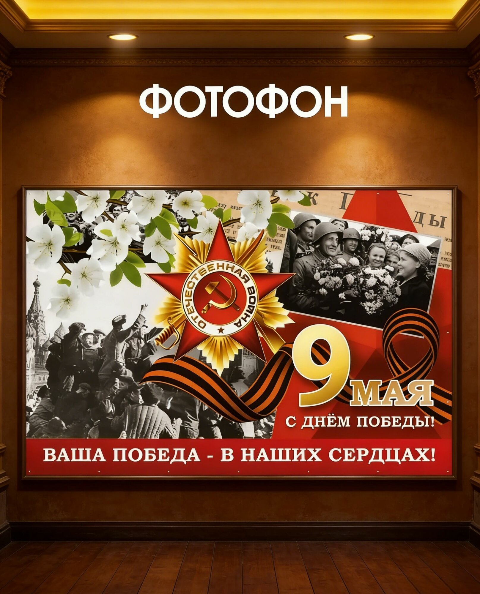 300-200 Баннер с изображением Дня Победы 9 мая на фоне камеры в праздничной фотозоне