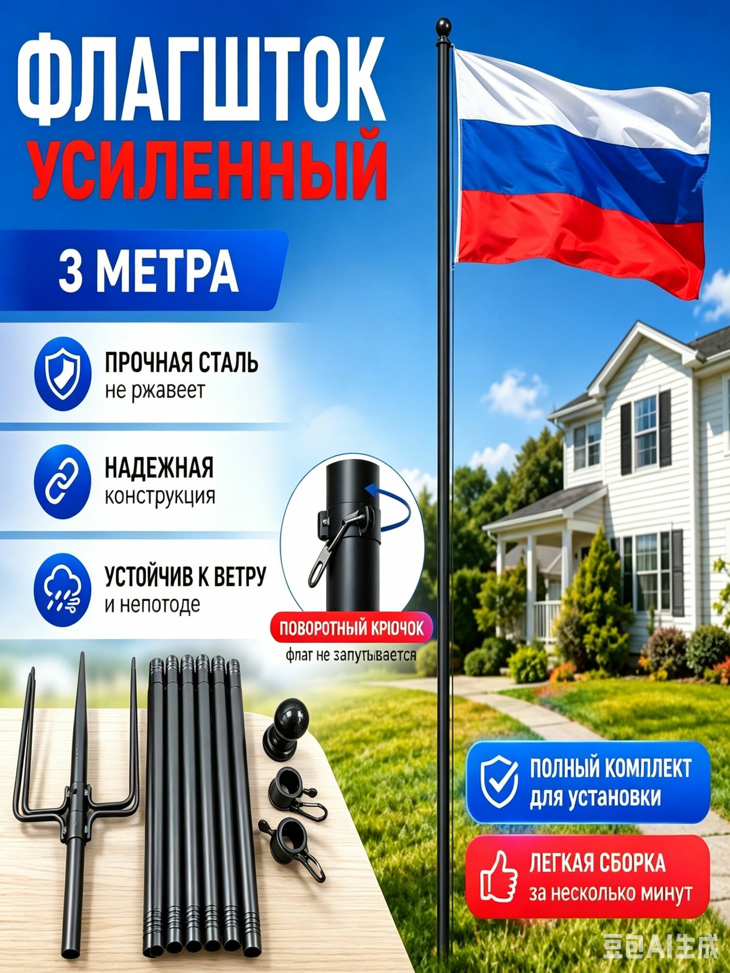 Флагшток прочный для улицы, 10 футов, легкая сборка
