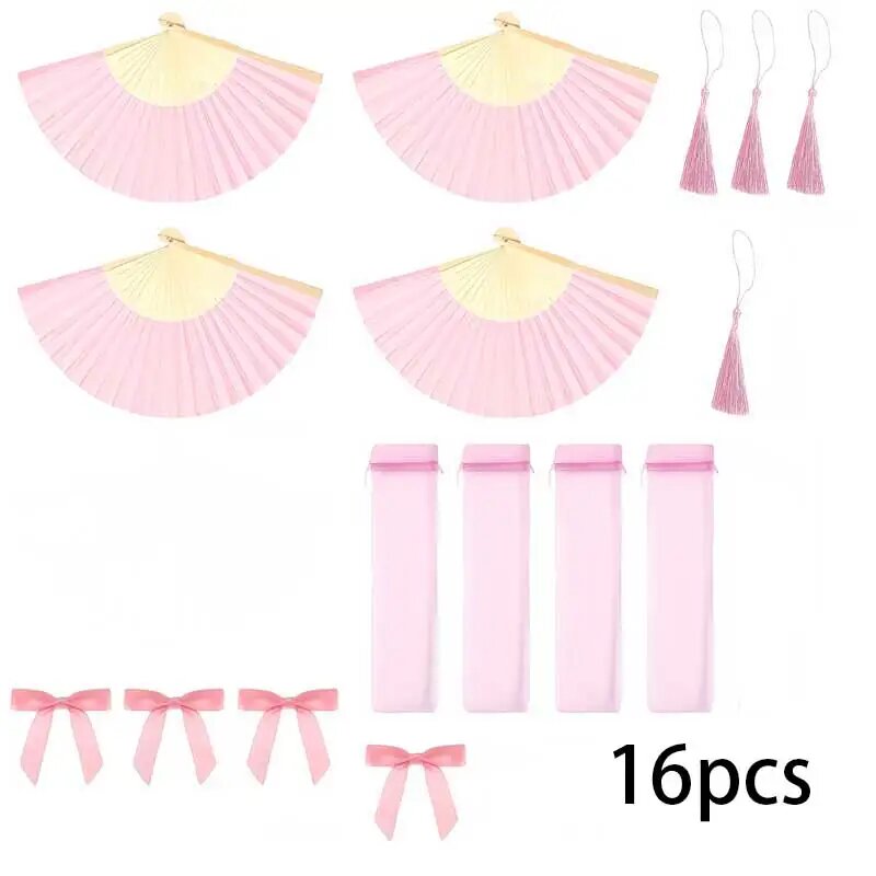 Розовые складные веера из ткани и бамбука 4set