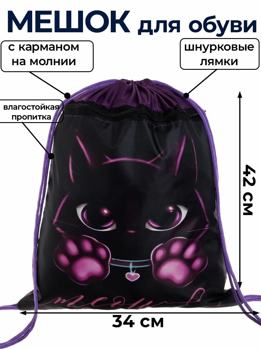 Мешок для сменной обуви темный, школьный с принтом котик, 42х34 см