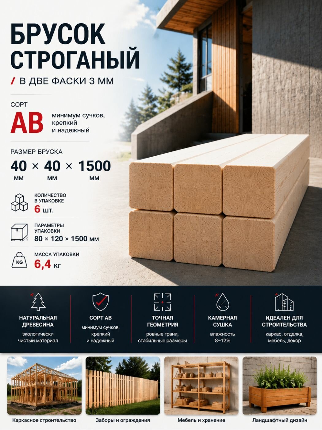 Брусок строганый 2 Фаски 3 мм сорт АВ, 40х40х1500, 6шт, хвойных пород