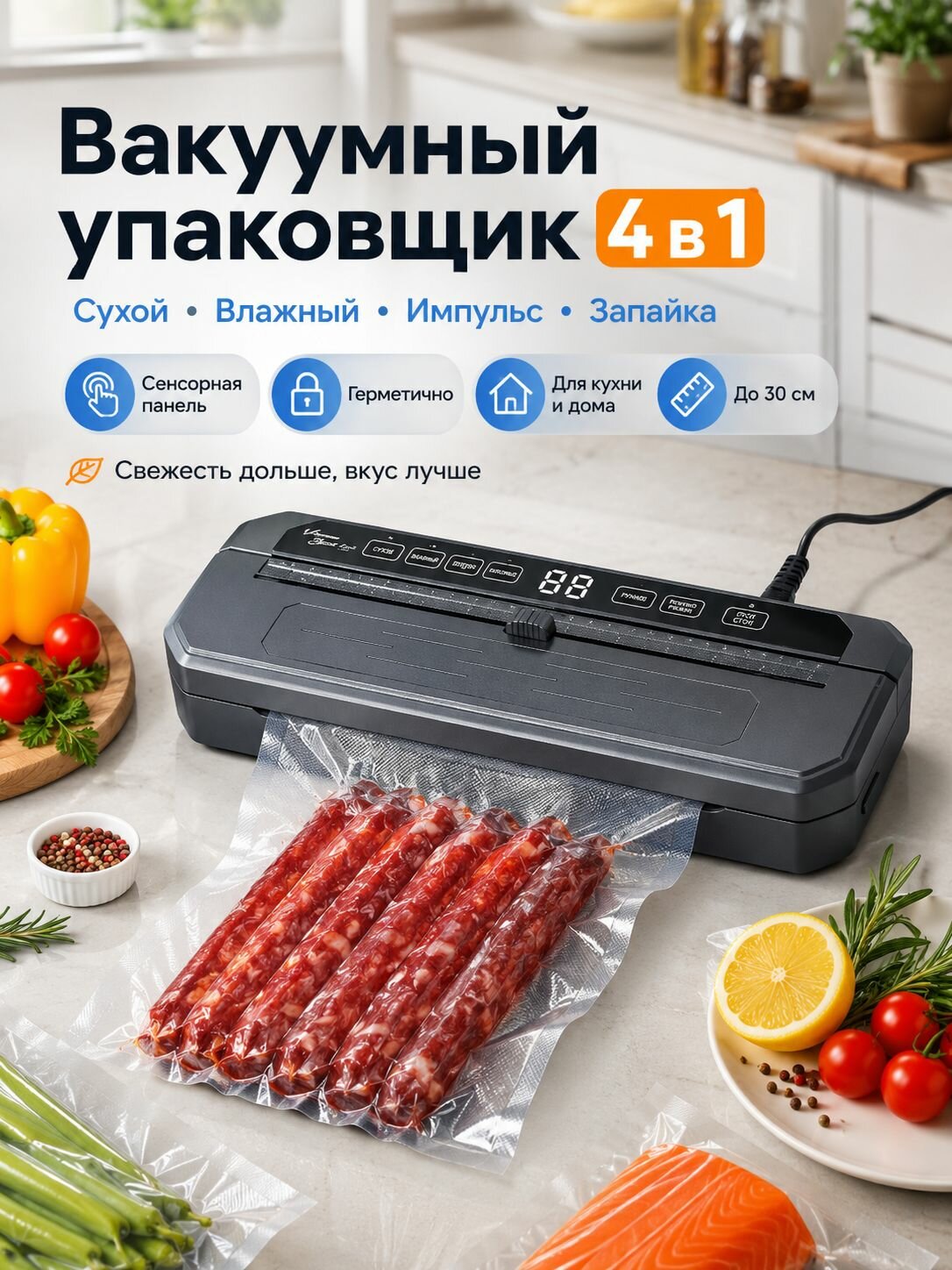 Вакуумный упаковщик для продуктов 4 в 1 с запайкой и резаком для кухни и заготовок, ширина до 30 см
