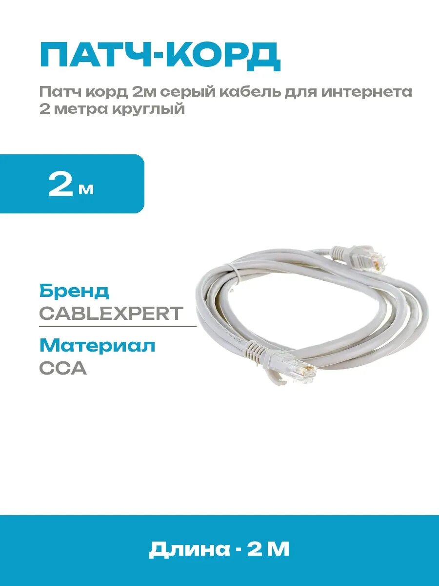 Кабель Ethernet 2м 5e патч корд медный алюминий 2 метра LAN