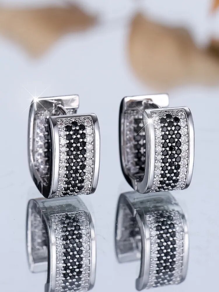 Серьги конго, фианит, серебряный, черный, белый — фото 1