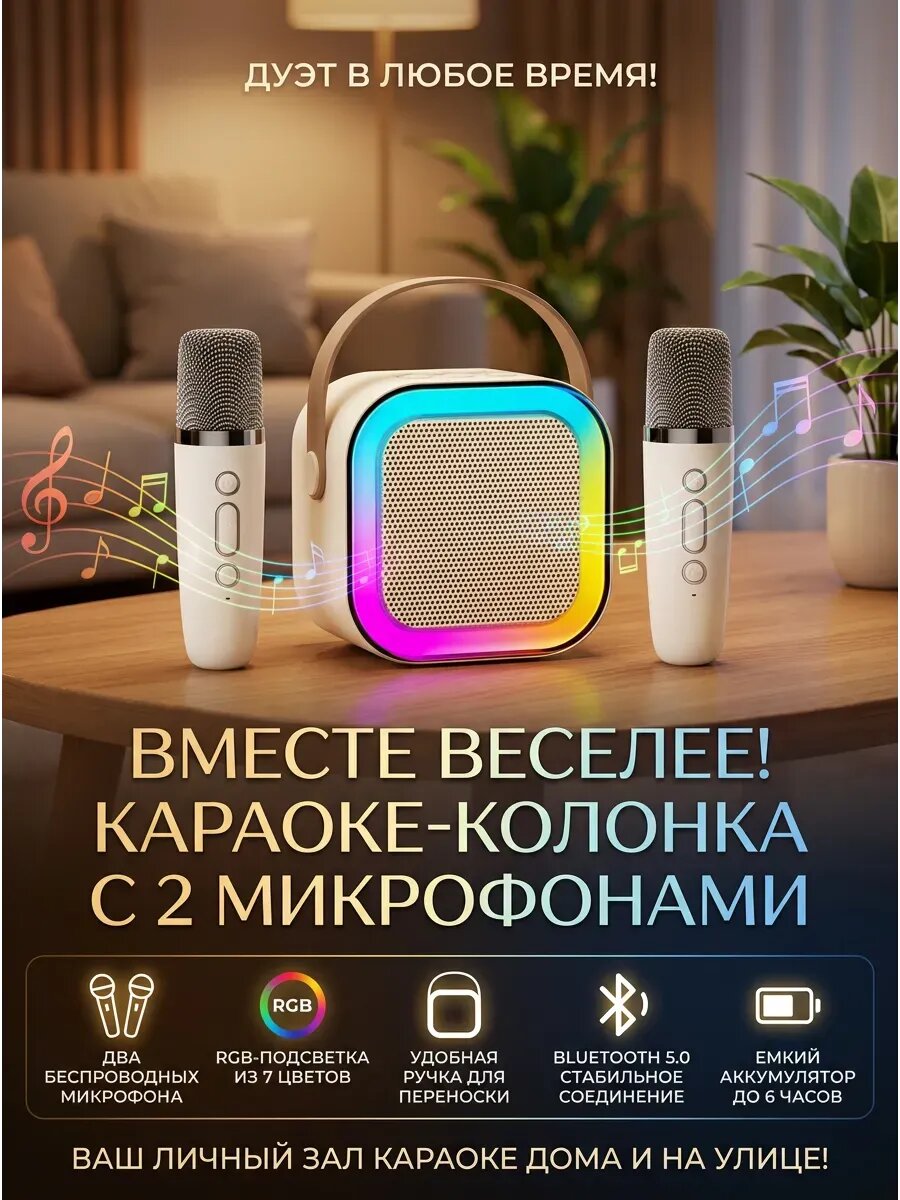 Музыкальная колонка караоке с 2 микрофонами детская подарок