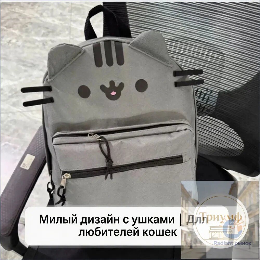 Рюкзак детский "Кот" из полиэстера таффета, темно-серый, средний (20-30 л.), 42х28х42 см — фото 1