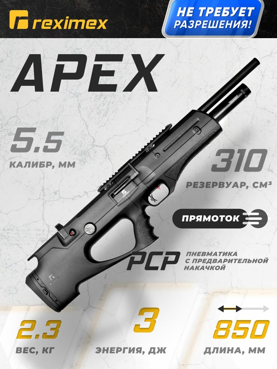Пневматическая винтовка Reximex Apex PCP, калибр 5,5 мм, 3 Дж, пластиковая ложа, черно-серая