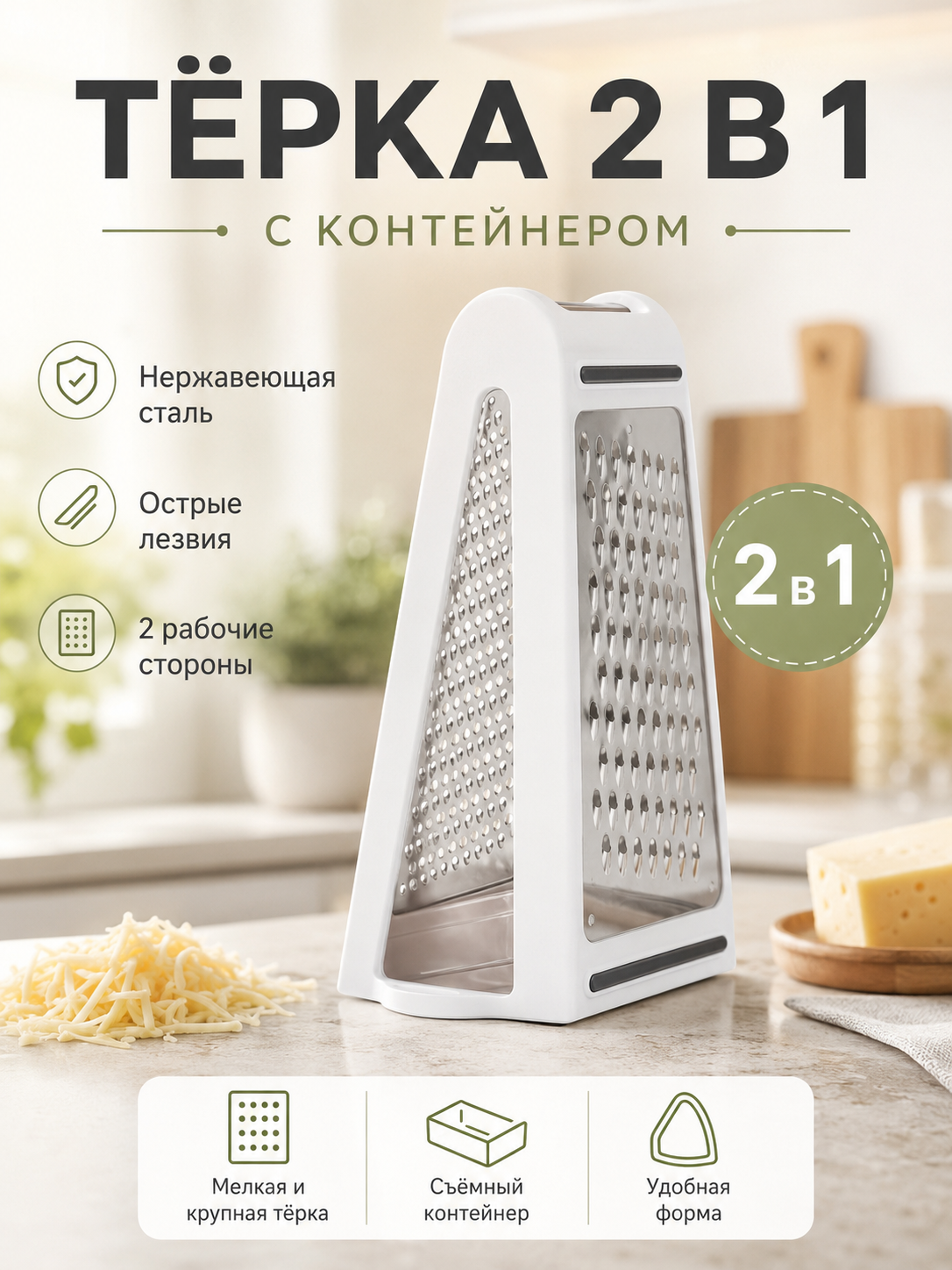 Двухсторонняя ручная терка с прозрачным контейнером на 270 грамм