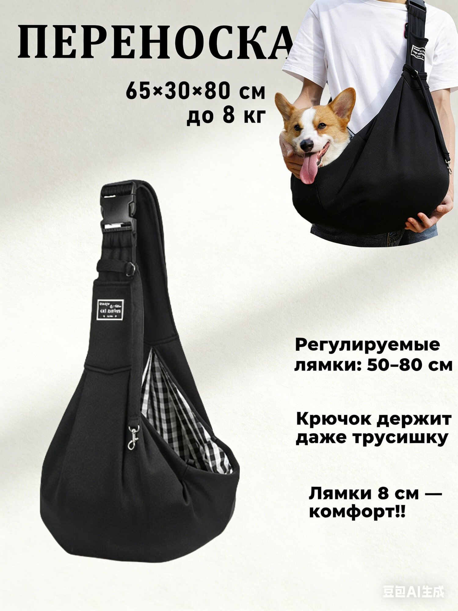 Переноска чёрная для собак и кошек до 8 кг с регулируемым ремнем, 65x30x80см