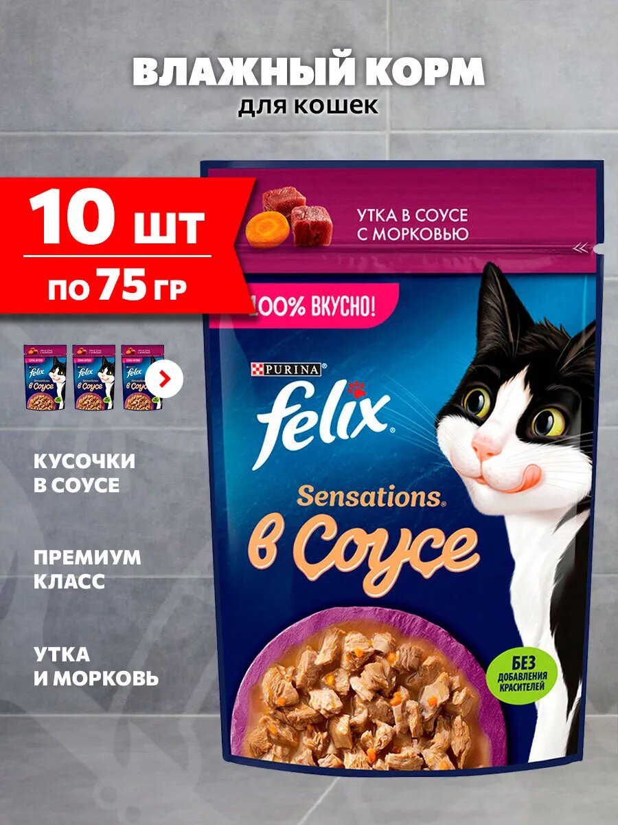 Корм влажный Felix Sensations для взрослых кошек, утка в соусе с морковью, 75 г 10 шт