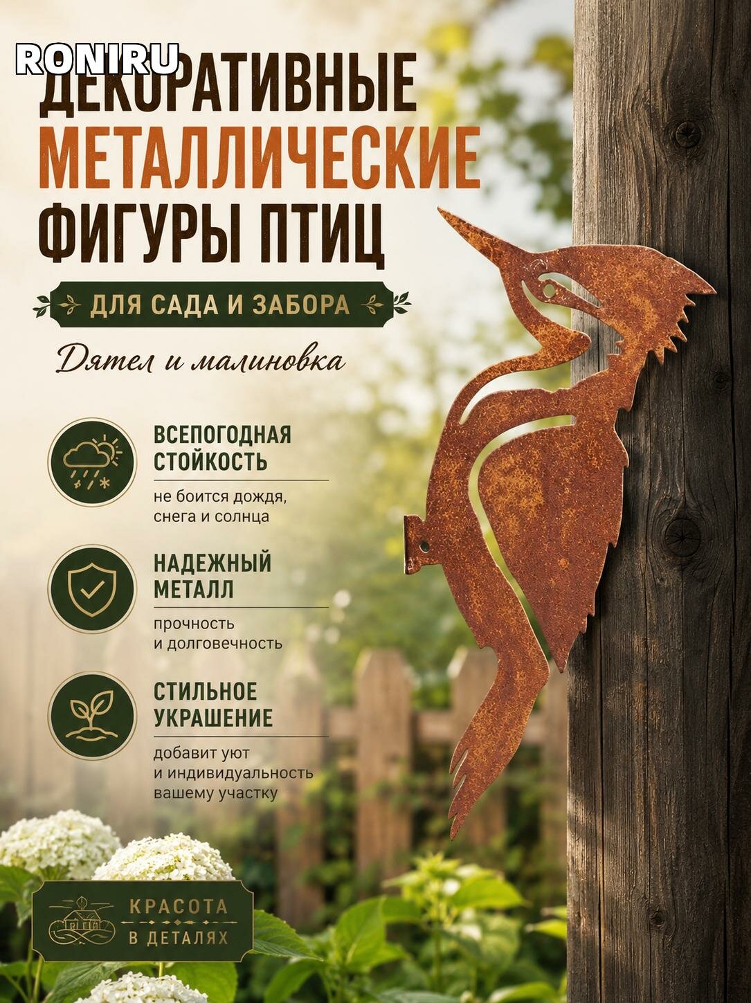 Декоративные металлические фигуры птиц для сада и забора — дятел и малиновка, стильное украшение ландшафта и ограды