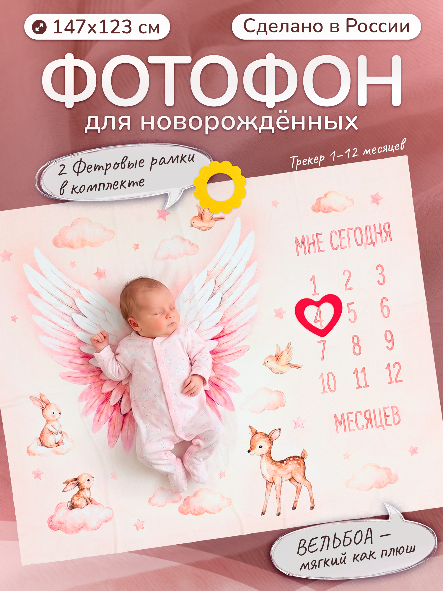 Фотоплед для новорожденных для фотосессии по месяцам Крылья Мега Тойс 147х123