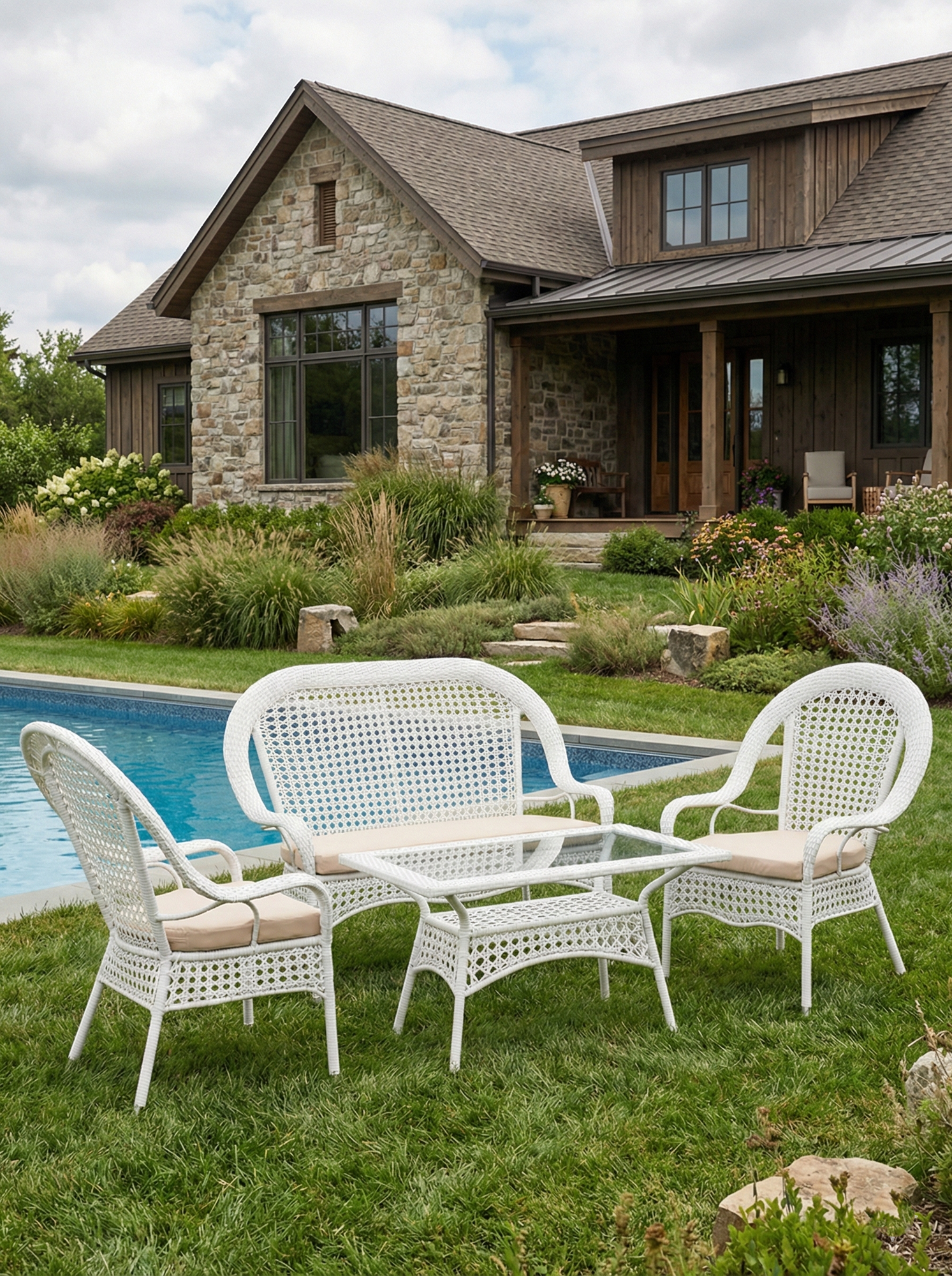 Комплект мебели из искусственного ротанга Шампань (Champagne), белый подушки бежевые