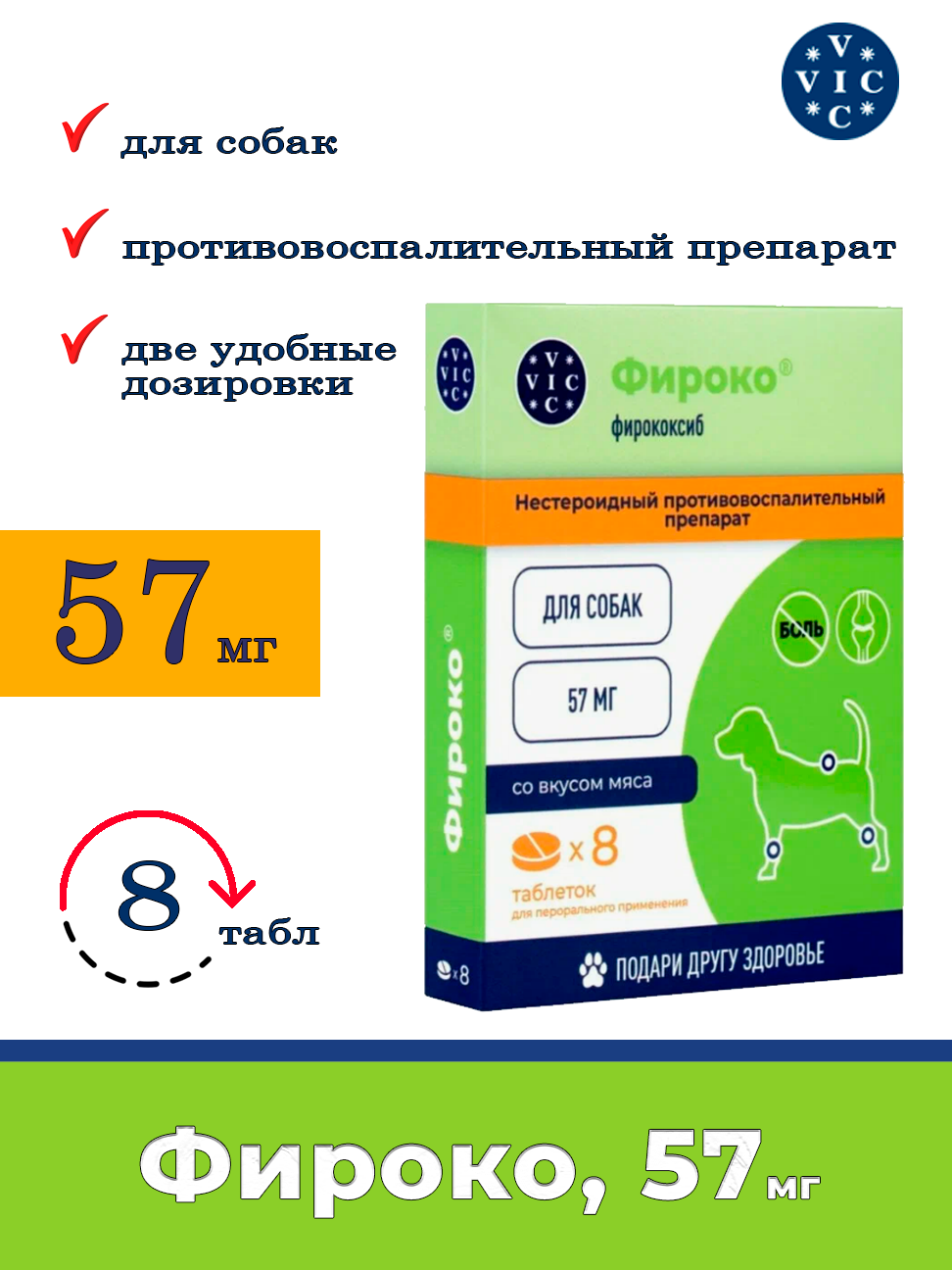 Фироко 57мг, 8 шт, таблетки, противовоспалительный, жаропонижающий препарат для собак, VIC