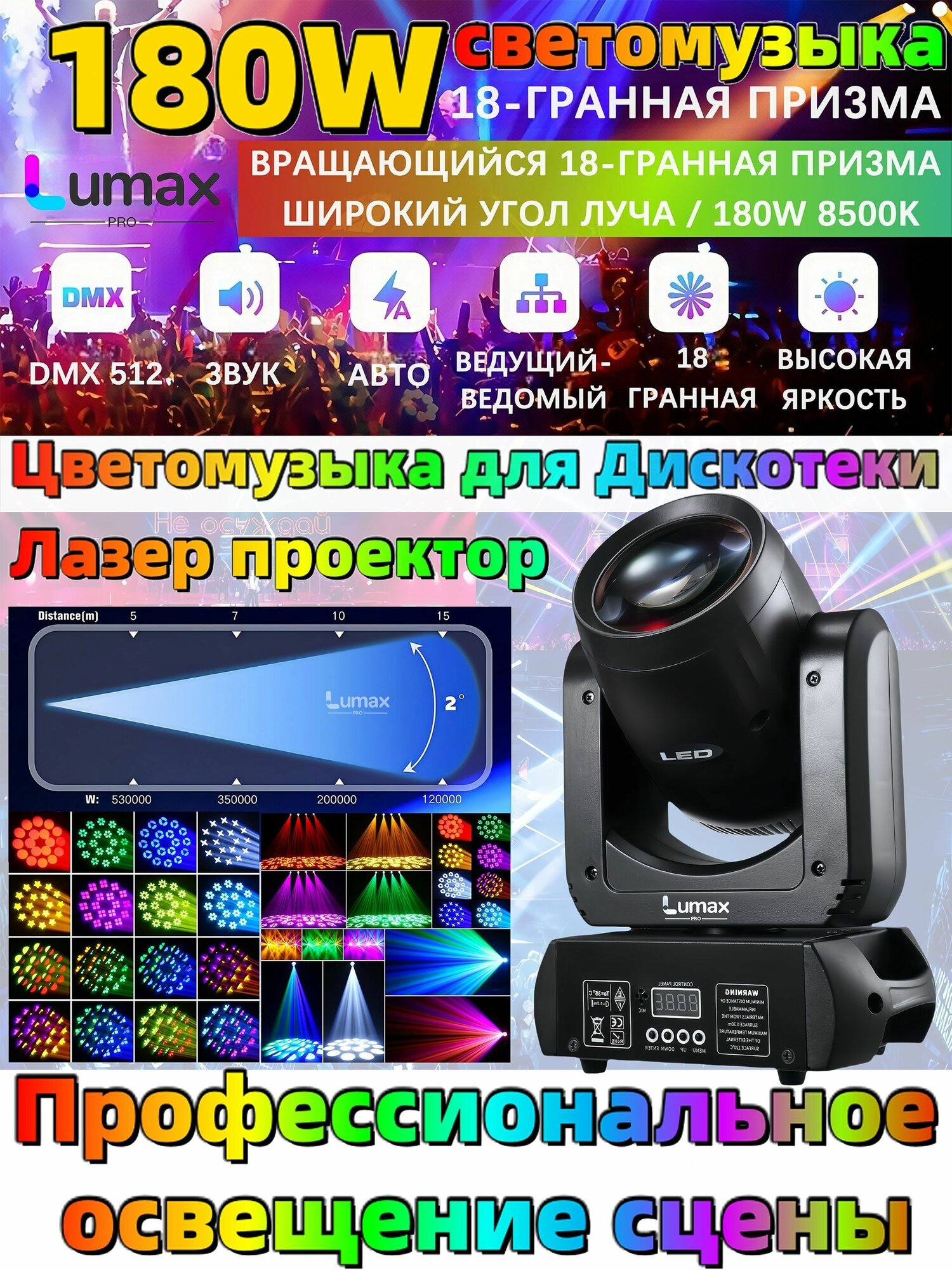 Lumax Pro Профессиональный LED светильник с 18-призменным эффектом и DMX-512, мощность 180W для сцены, шоу, вечеринки